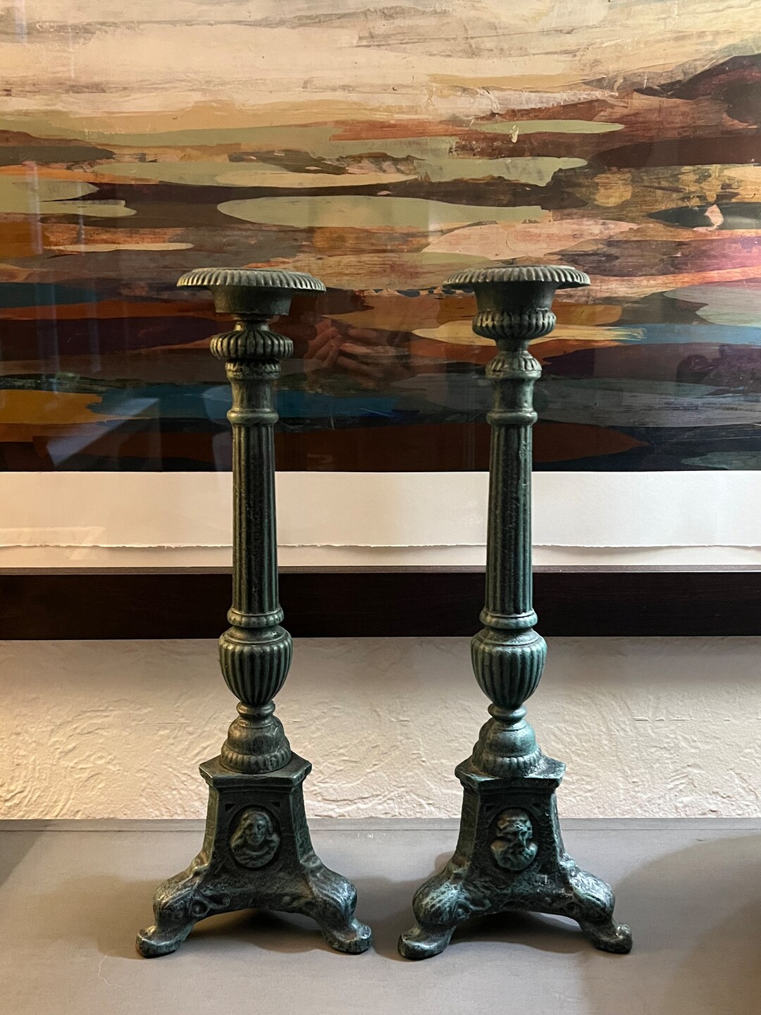 Vintage Cast Iron Candlestick Pair Turquoise Patina - Etsy