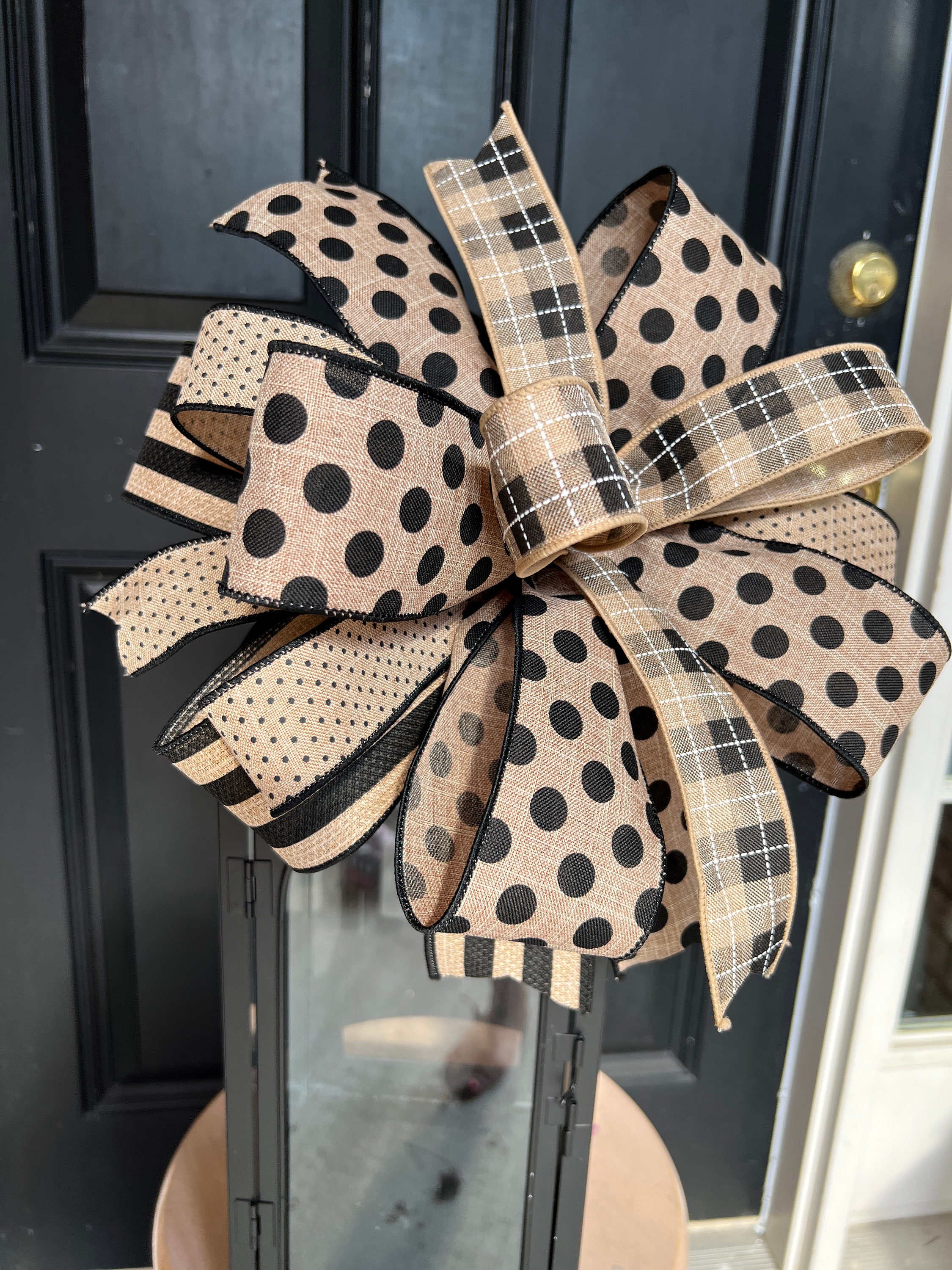 Every Day Wreath Bow, Year Round Bow, Black and Tan Bow, Polka Dot Bow ...