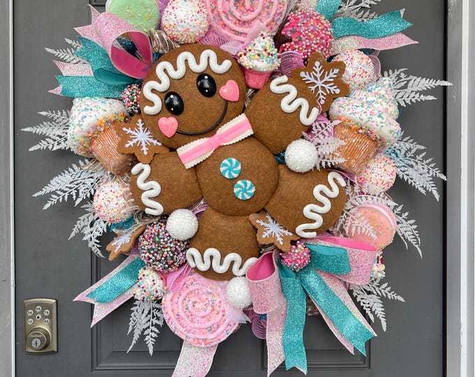 Candyland Gingerbread Man Wreath, Candyland Decor, Pastel Gingerbread ...