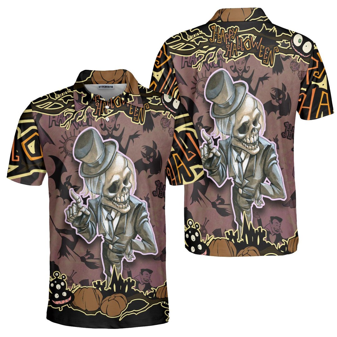 Gentleman Skeleton Polo Shirt, Vintage Cartoon Halloween, Spooky Dapper ...