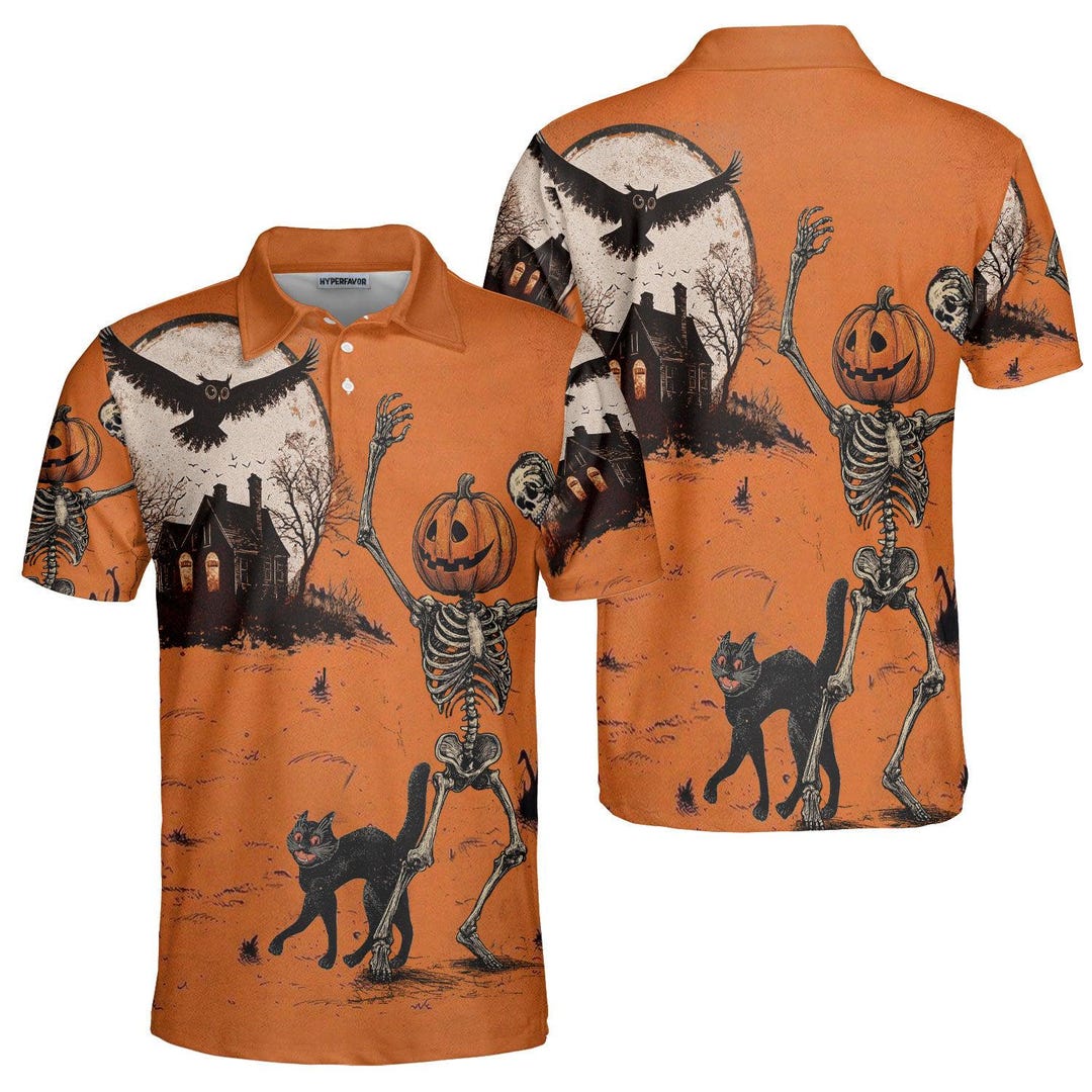 Retro Pumpkin Skeleton Black Cat Halloween Polo Shirt, Haunted House ...