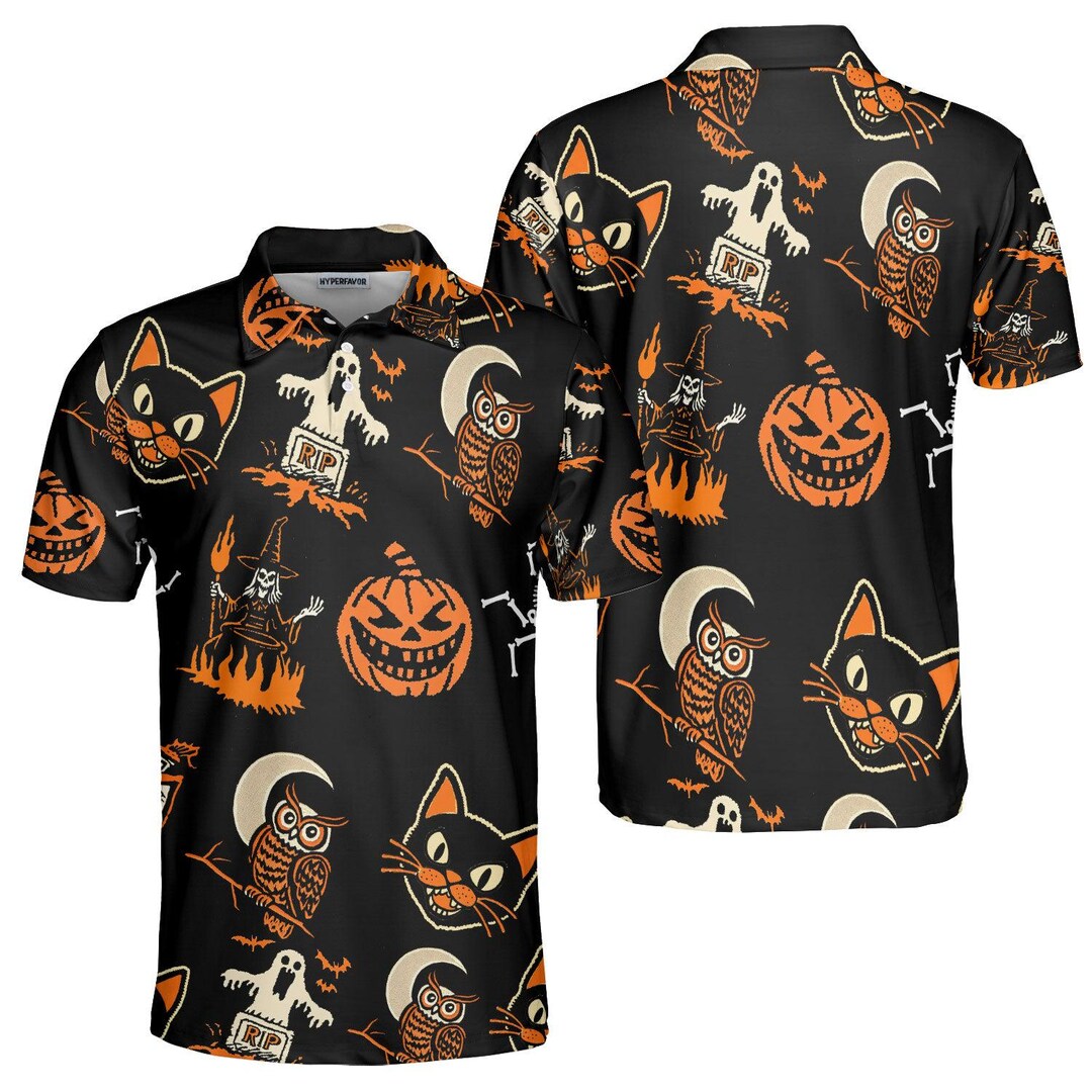 Halloween Polo Shirt, Pumpkin Ghost Cat Owl Print, Spooky Funny Shirt ...