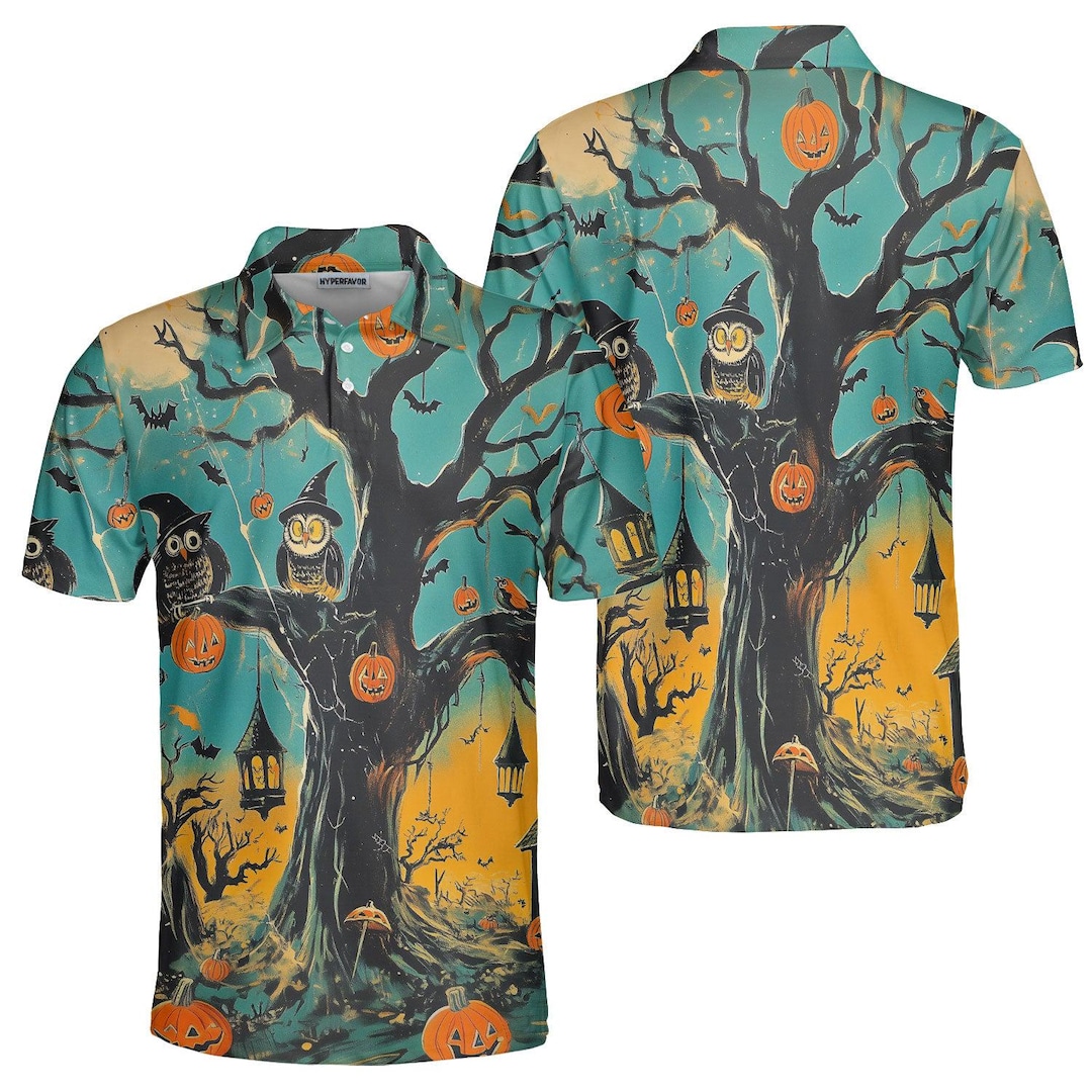 Halloween Polo Shirt, Haunted Tree Owl Pumpkin Print Polo, Spooky Bats ...
