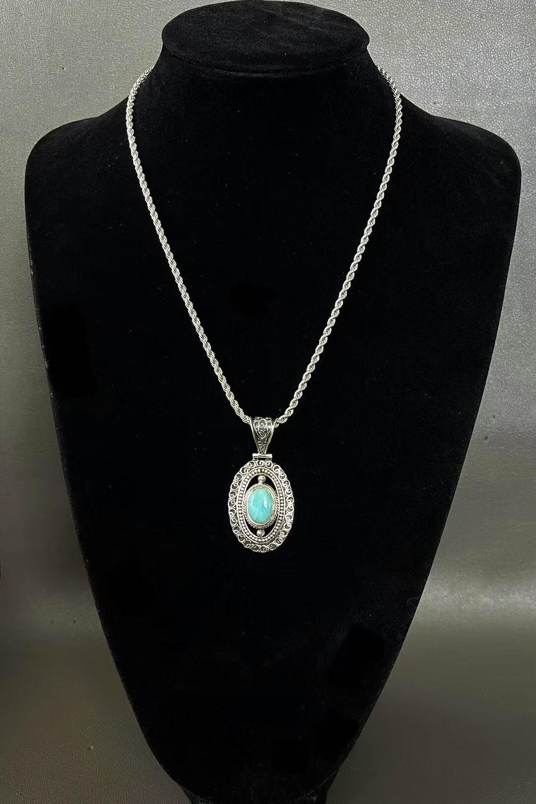 Vintage PPC Sterling Silver Rope Chain and Larimar Pendant Set / Silver ...
