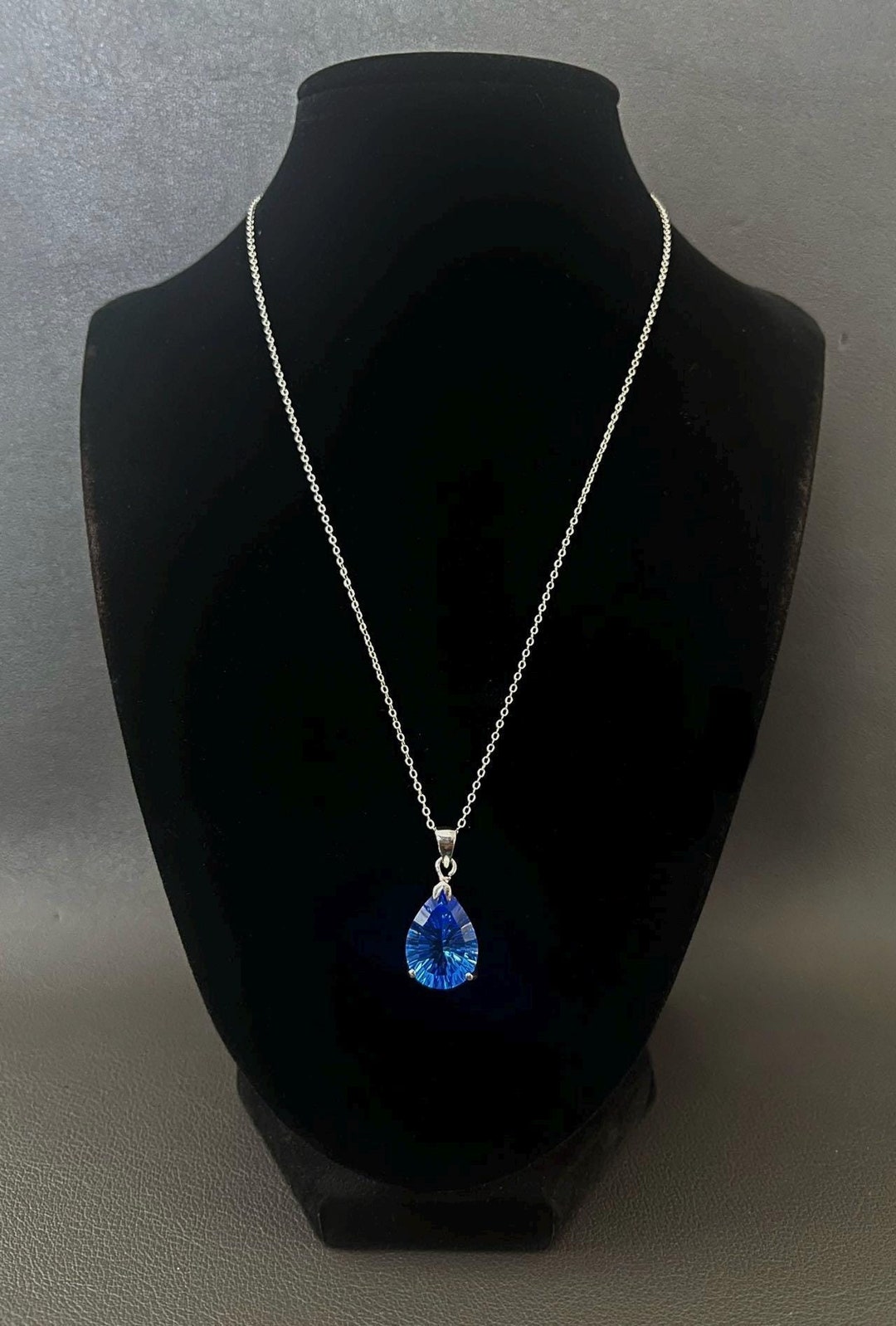 ITALY Vintage S925 Silver Chain Water Drop Blue Topaz Pendant Necklace ...