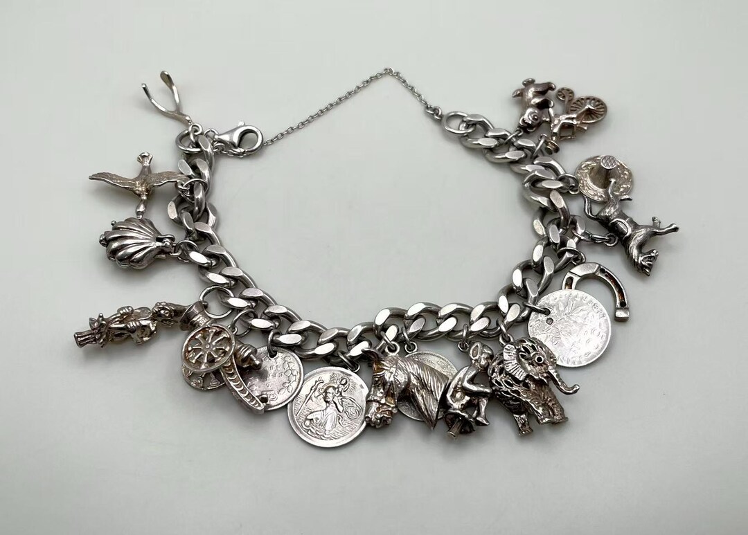Vintage 925 Silver Loaded Charms in Thick Curb Chain Bracelet|silver ...