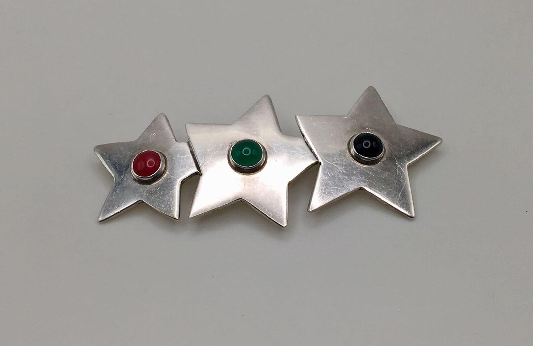 Vintage Sterling Silver Triple Stars and Multi-color Gemstones Pin ...