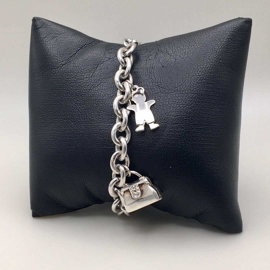 ITALY 925 Silver Rolo Chain With Bag and Children Charms Bracelet 7.5 ...