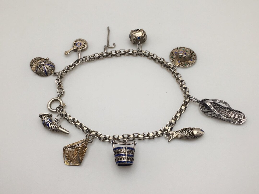 Vintage Sterling Silver Filigree Enamel Charms Chain Bracelet 8.25 ...