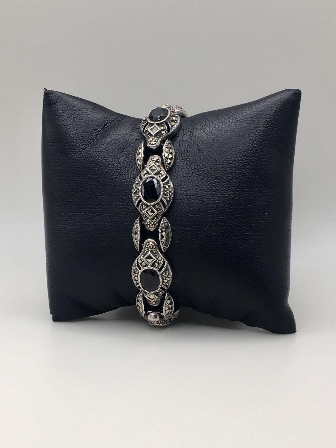 Vintage Sterling Silver Marcasite Chain With Oval Black Onyx Solid ...