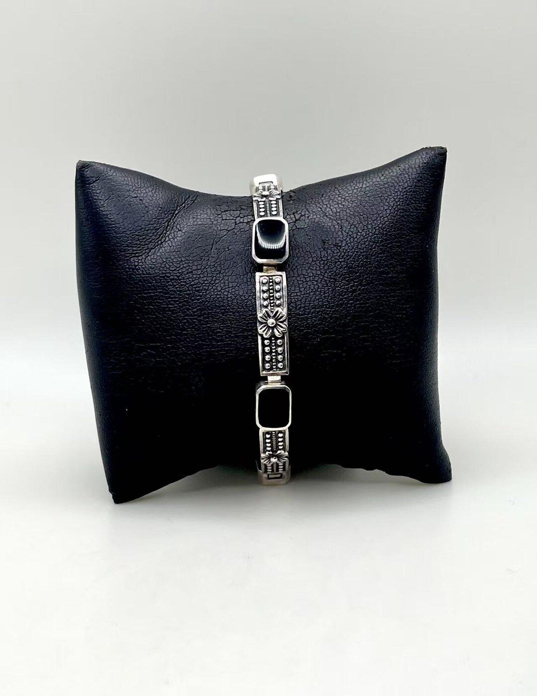 Vintage 925A Sterling Silver Carved Floral and Black Onyx Link Bracelet 7 3/4"| Silver Bracelet ...