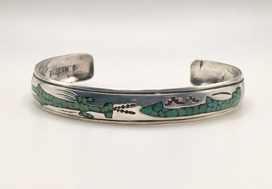 Vintage J NEZZIE Navajo Sterling Silver Turquoise Inlay Cuff Bracelet ...