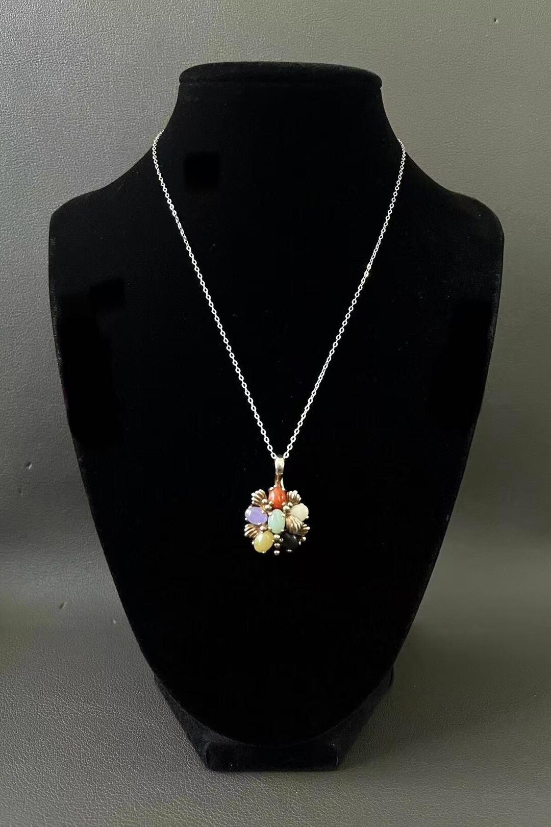 ITALY Vintage S925 Silver Chain Multi Gemstone Pendant Necklace Set ...