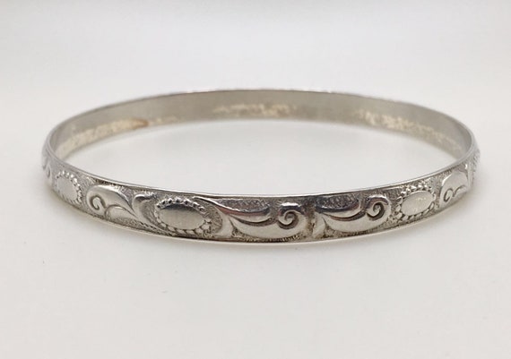 Vintage DANECRAFT Etched Pattern Sterling Silver Bang… - Gem