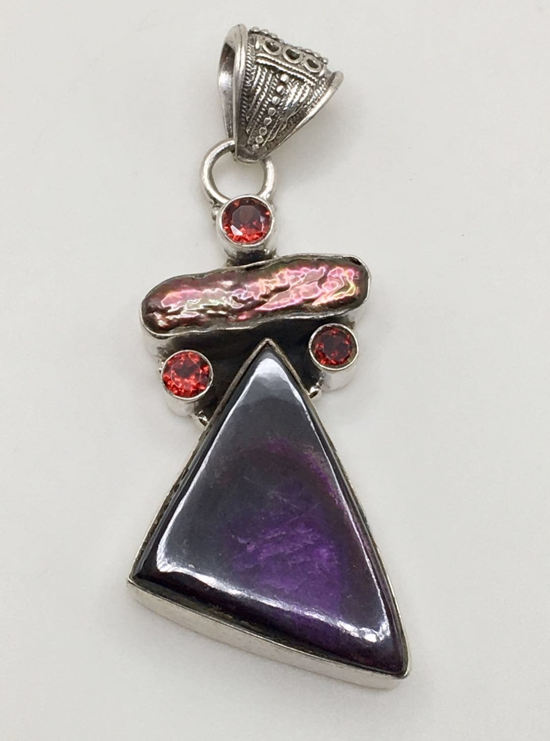 Vintage Pink Shell, Sugilite and Garnet in 925 Sterling Silver Pendant ...