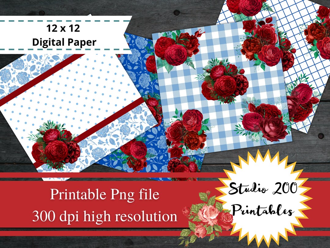 Pioneer Woman Inspired Digital Paper, Blue, Red Roses, 12 X 12 ...
