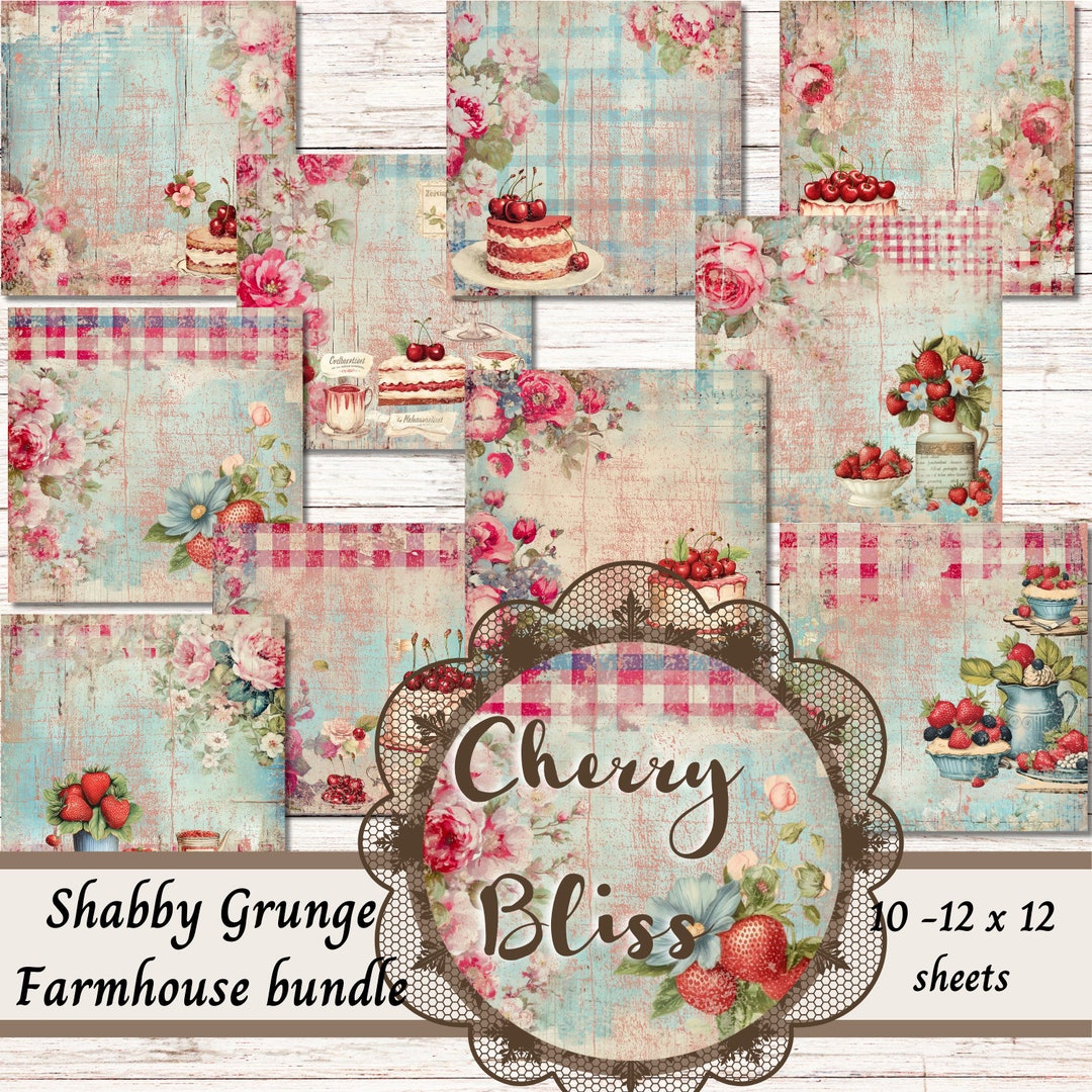 Cherry Bliss Scrapbook Paper Set, Shabby, Grunge, Distressed Paper ...