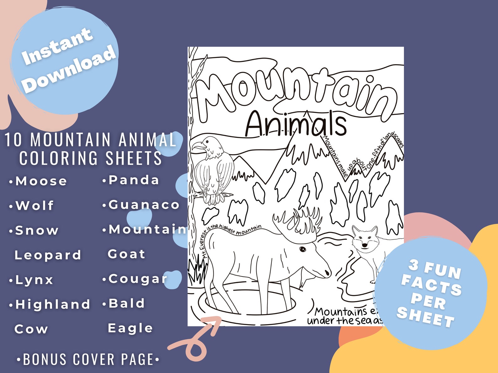 Mountain Animals Kids Coloring Pack | 11 Coloring Pages | Digital ...
