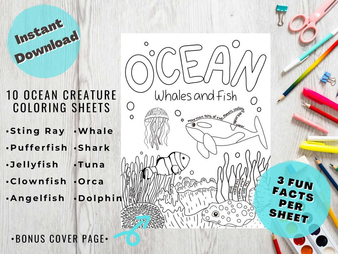 Ocean Whales and Fish Kids Coloring Pack | 11 Coloring Pages | Digital ...