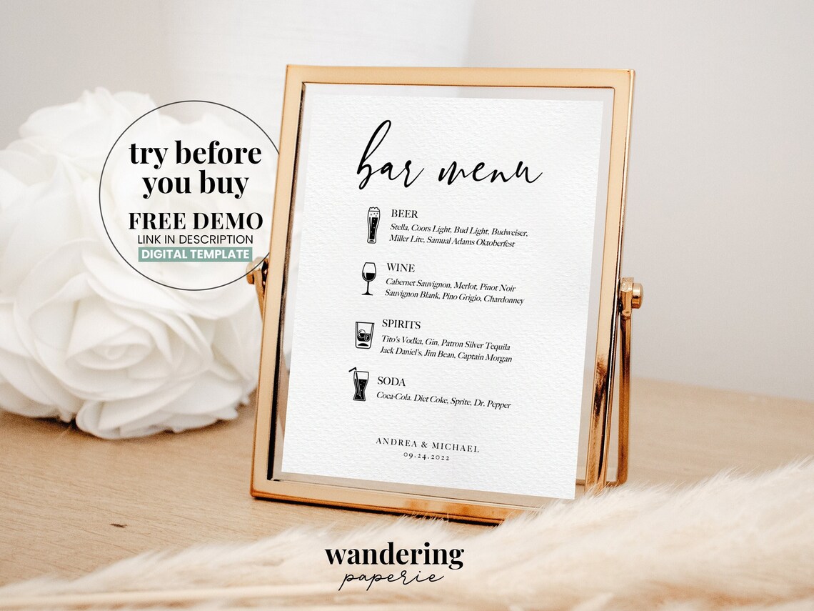 Bar Menu Wedding Sign Event Bar Menu Sign Template Open Bar - Etsy