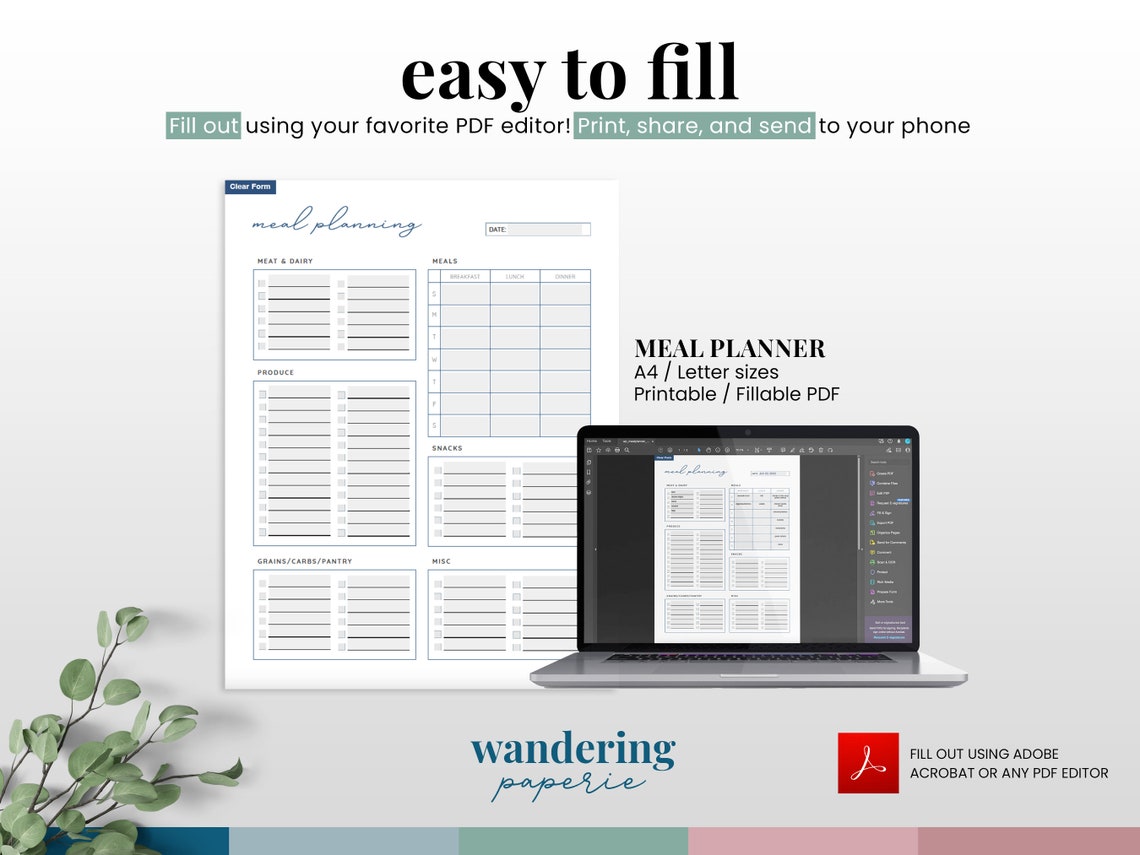 Grocery List PDF Form, Editable Meal Planner and Grocery List, Editable ...