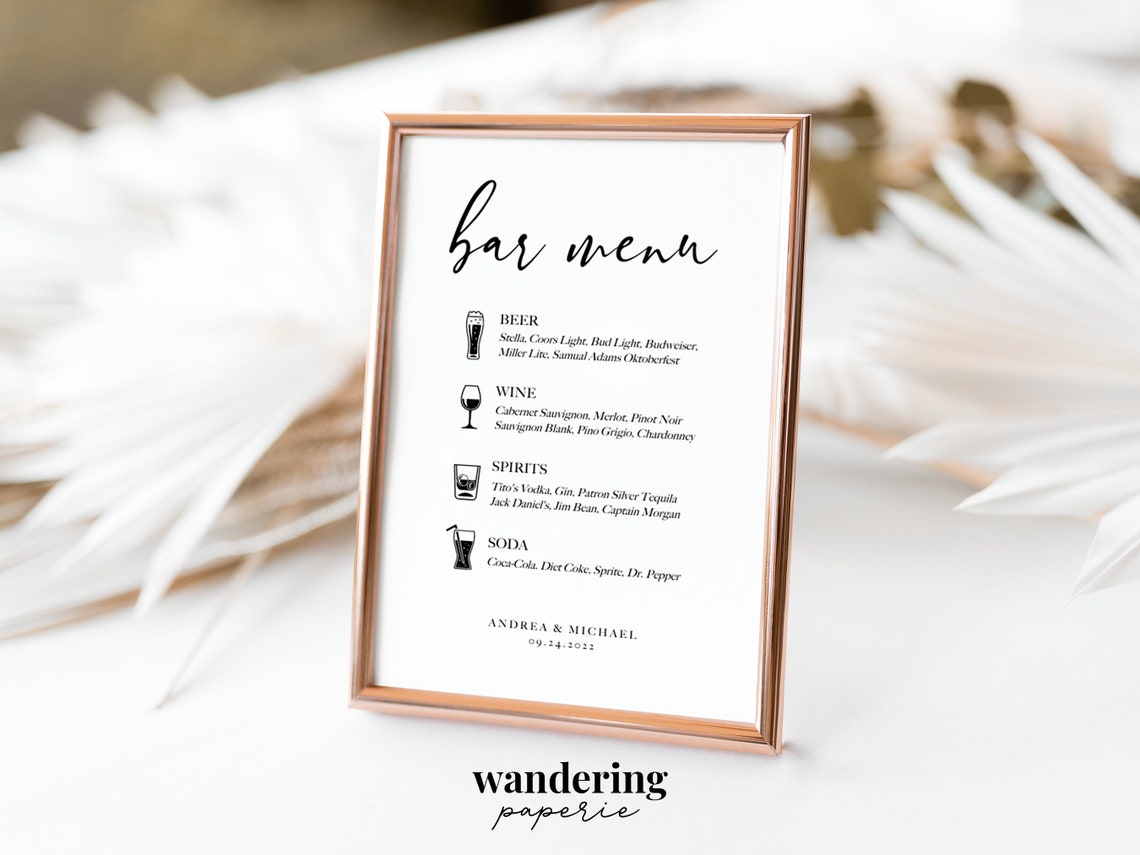 Bar Menu Wedding Sign Event Bar Menu Sign Template Open Bar - Etsy