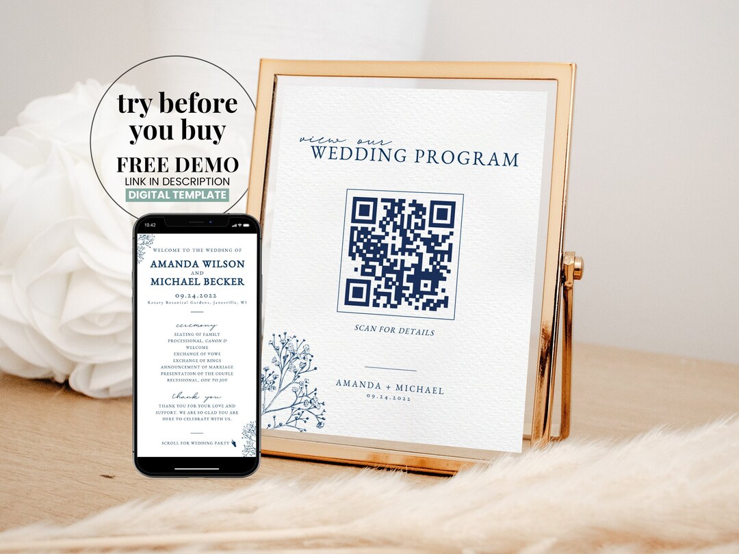 Wildflower Navy Digital Wedding Program, Wedding QR Sign Bundle ...