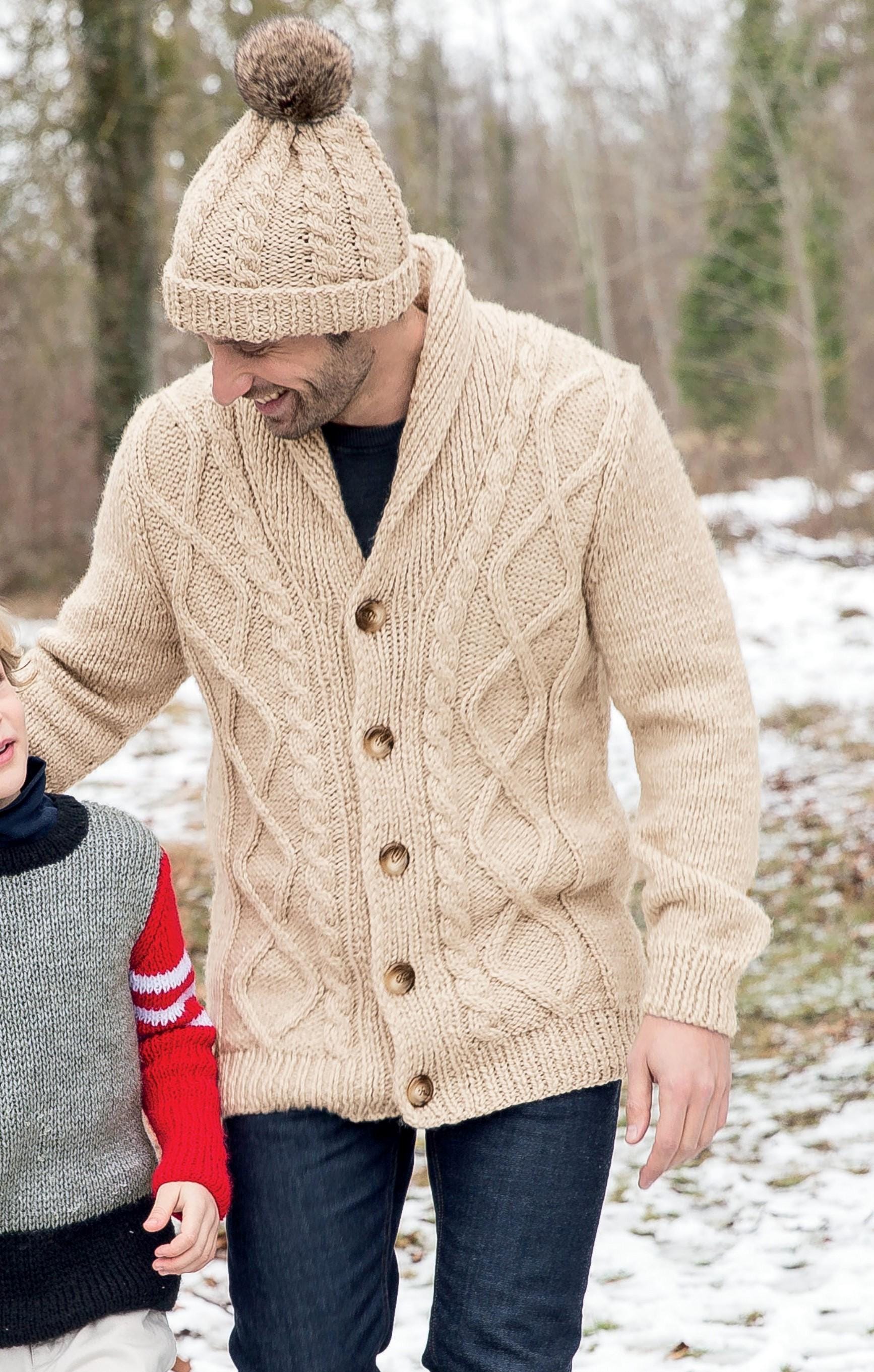 Knitting Pattern PDF Man's Cable Shawl Collar Cardigan and Beanie Hat ...