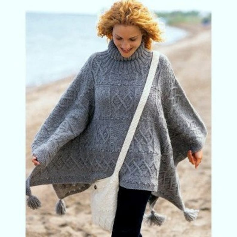 Vintage Knitting Pattern Poncho Cape Wrap Cloak Bag Aran Roll Neck Polo ...