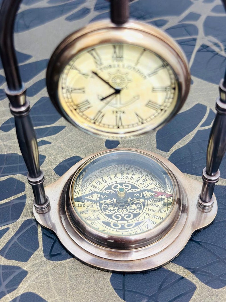 Antique Brass Table Clock: Nautical Compass Style Desk Decor - Etsy