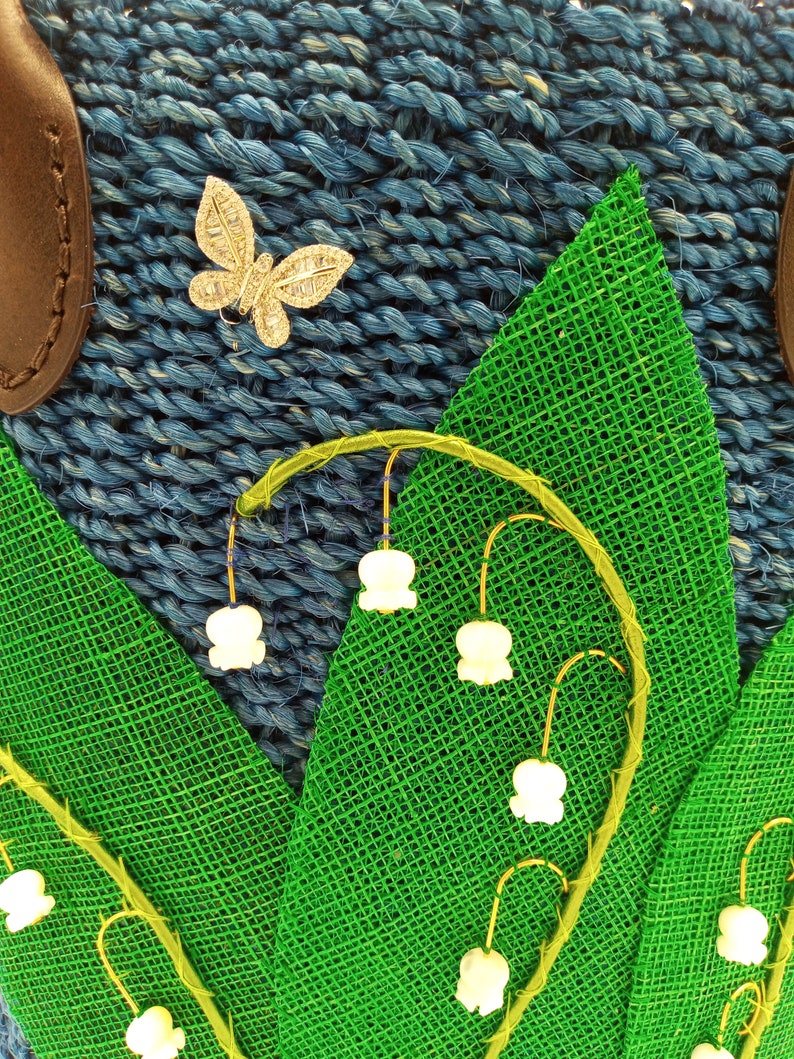 Denim Blue LUXURY Straw Bag With Lilly of the Valley Hand Embroidery ...