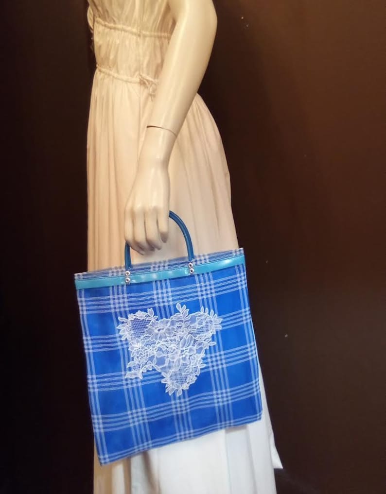 Lux Mexican Market Bag Flat Tote Bolsa De Malla Blue W/ Chantilly Lace ...