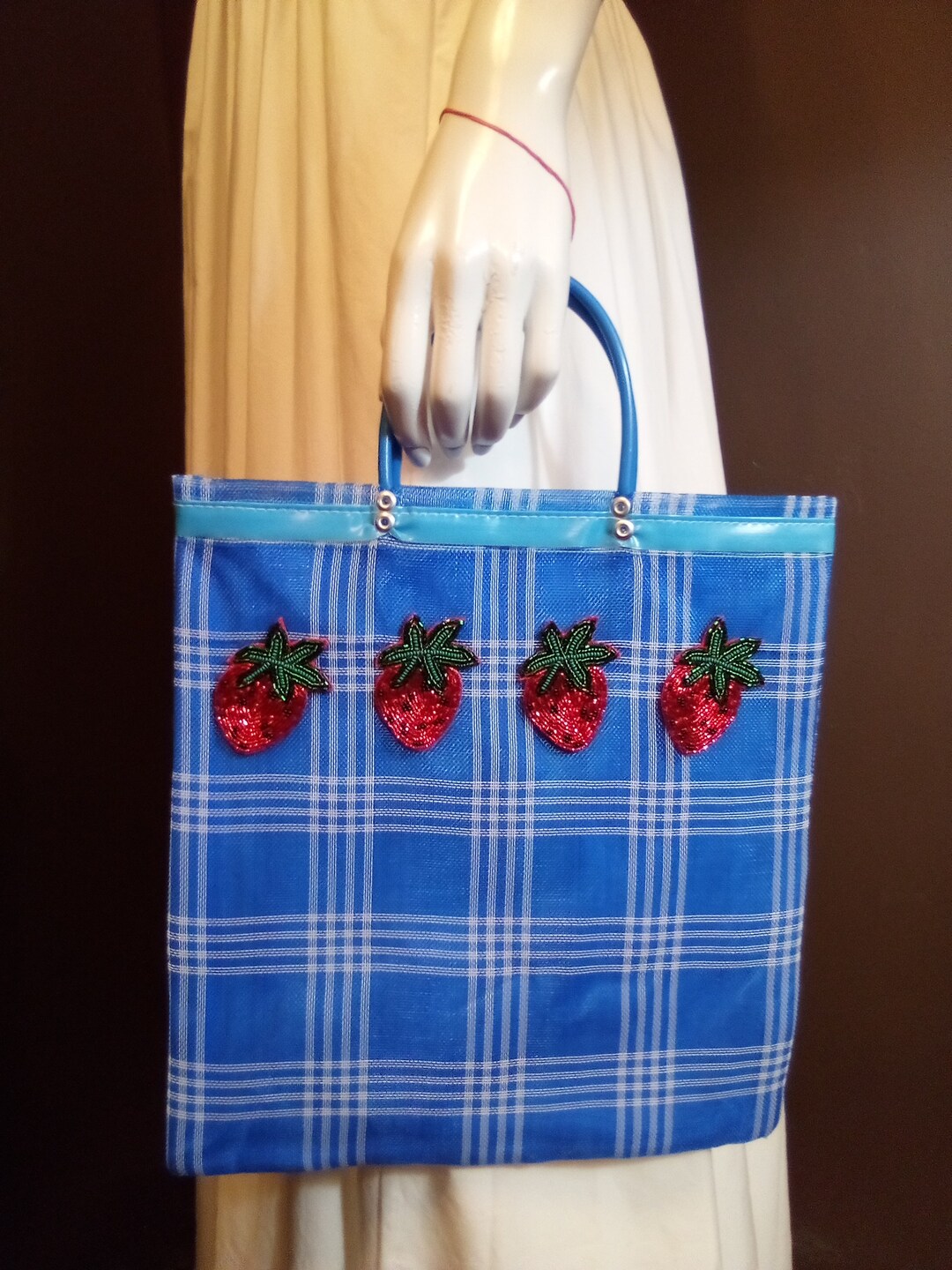 Lux Mexican Market Bag Flat Tote Bolsa De Malla Blue W/ Strawberry ...