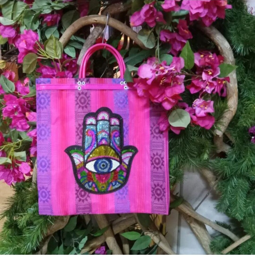 LUX Mexican Market Bag Flat Tote Bolsa De Malla Pink W/ HAMSA Applique ...