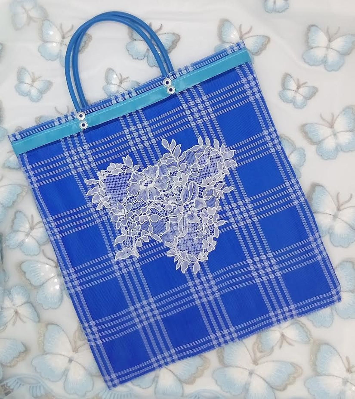 Lux Mexican Market Bag Flat Tote Bolsa De Malla Blue W/ Chantilly Lace ...