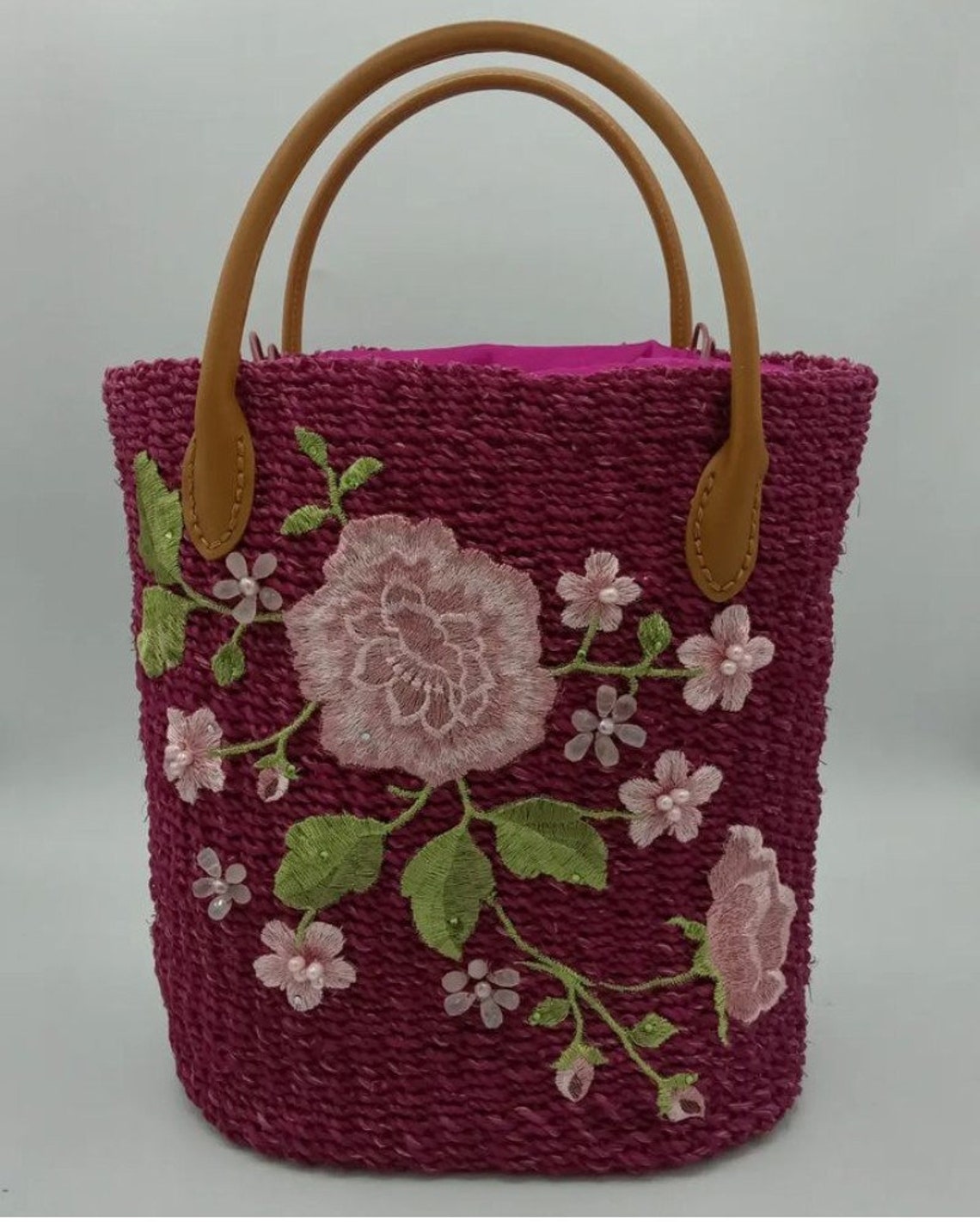 Pink Straw Bag With Pink Floral Applique. Genuine Rose Quartz & Pearl ...
