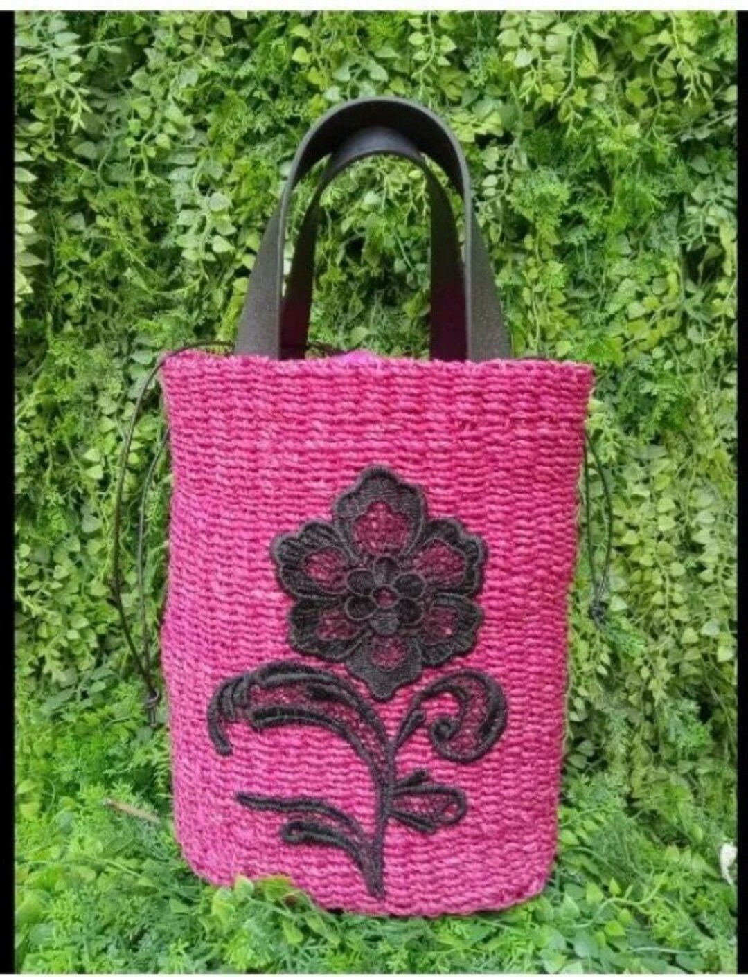 Pink Luxury Straw Bag With Black Guipure Lace Applique. Handstitched ...