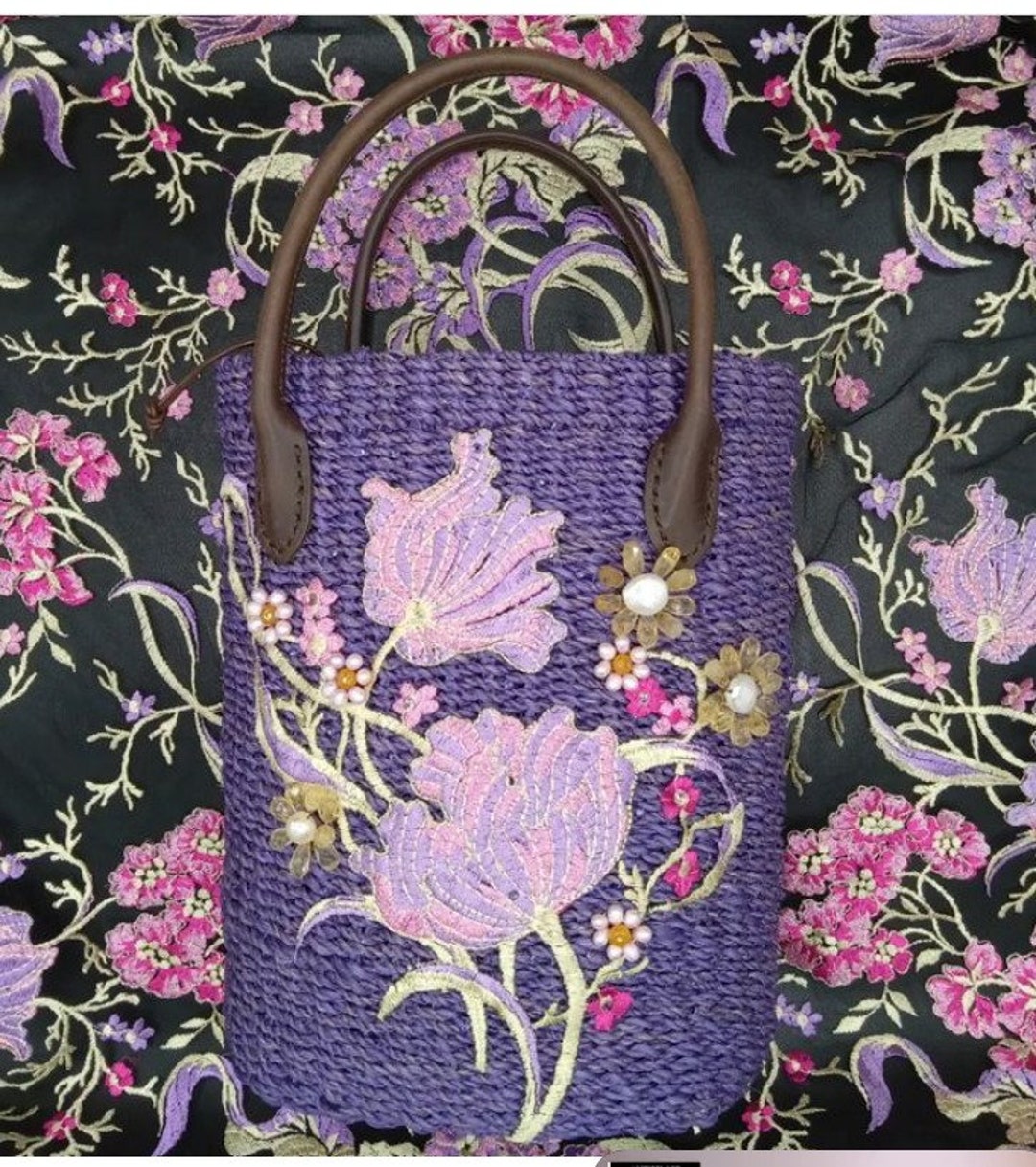 Purple Luxury Straw Bag With Floral Applique and Citrine Fleurettes ...