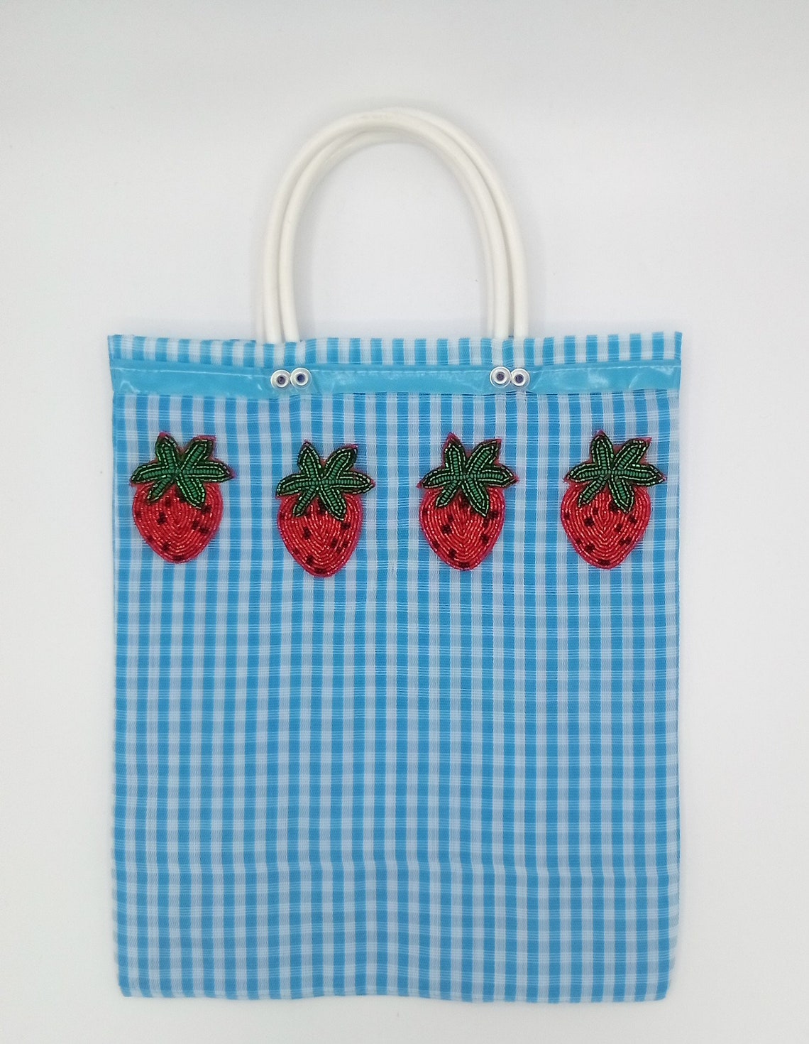 Lux Mexican Market Bag Flat Tote Bolsa De Malla Aqua Blue W/ Strawberry ...