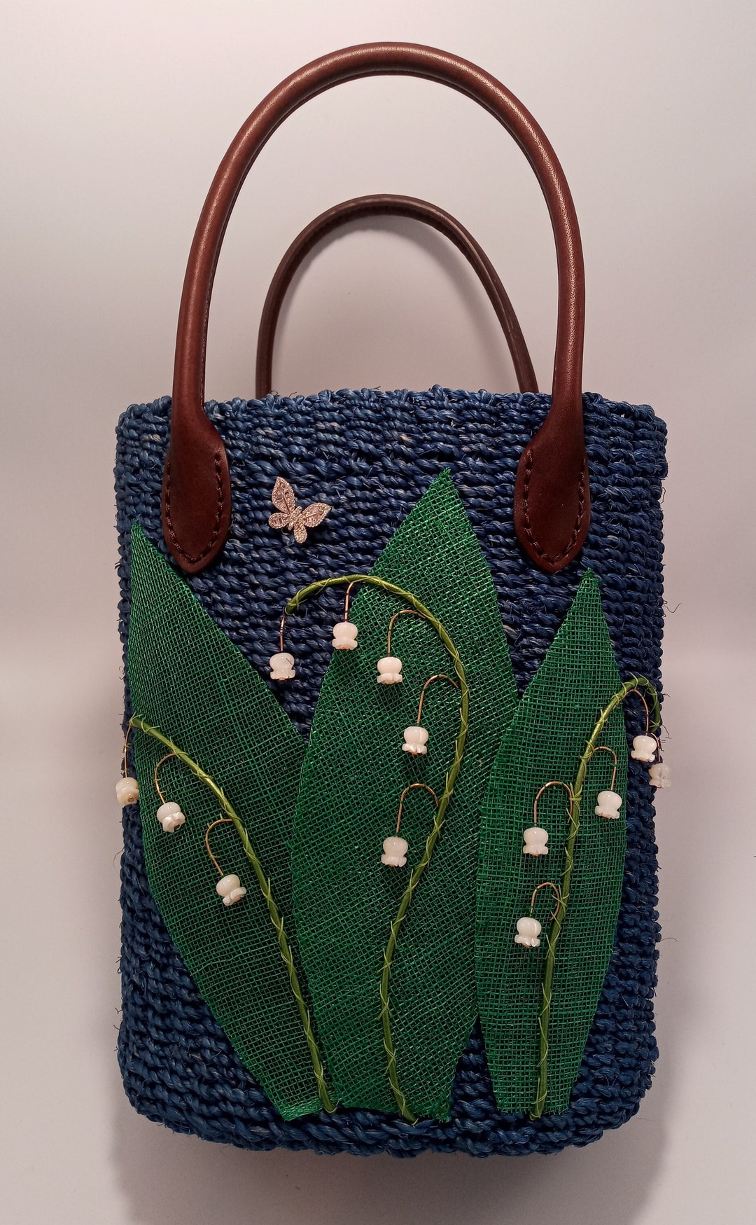 Denim Blue LUXURY Straw Bag With Lilly of the Valley Hand Embroidery ...