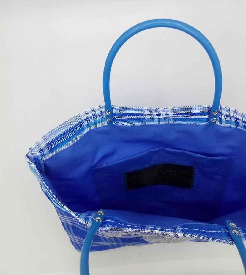 Lux Mexican Market Bag Flat Tote Bolsa De Malla Blue W/ Chantilly Lace ...