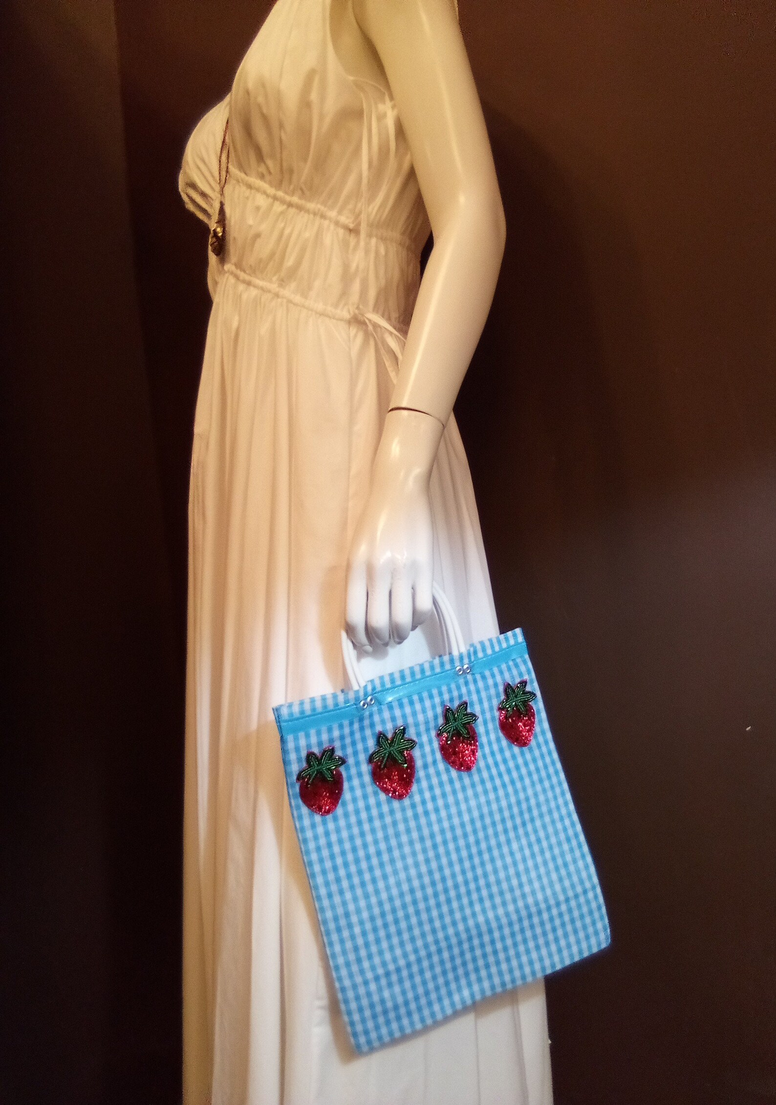 Lux Mexican Market Bag Flat Tote Bolsa De Malla Aqua Blue W/ Strawberry ...