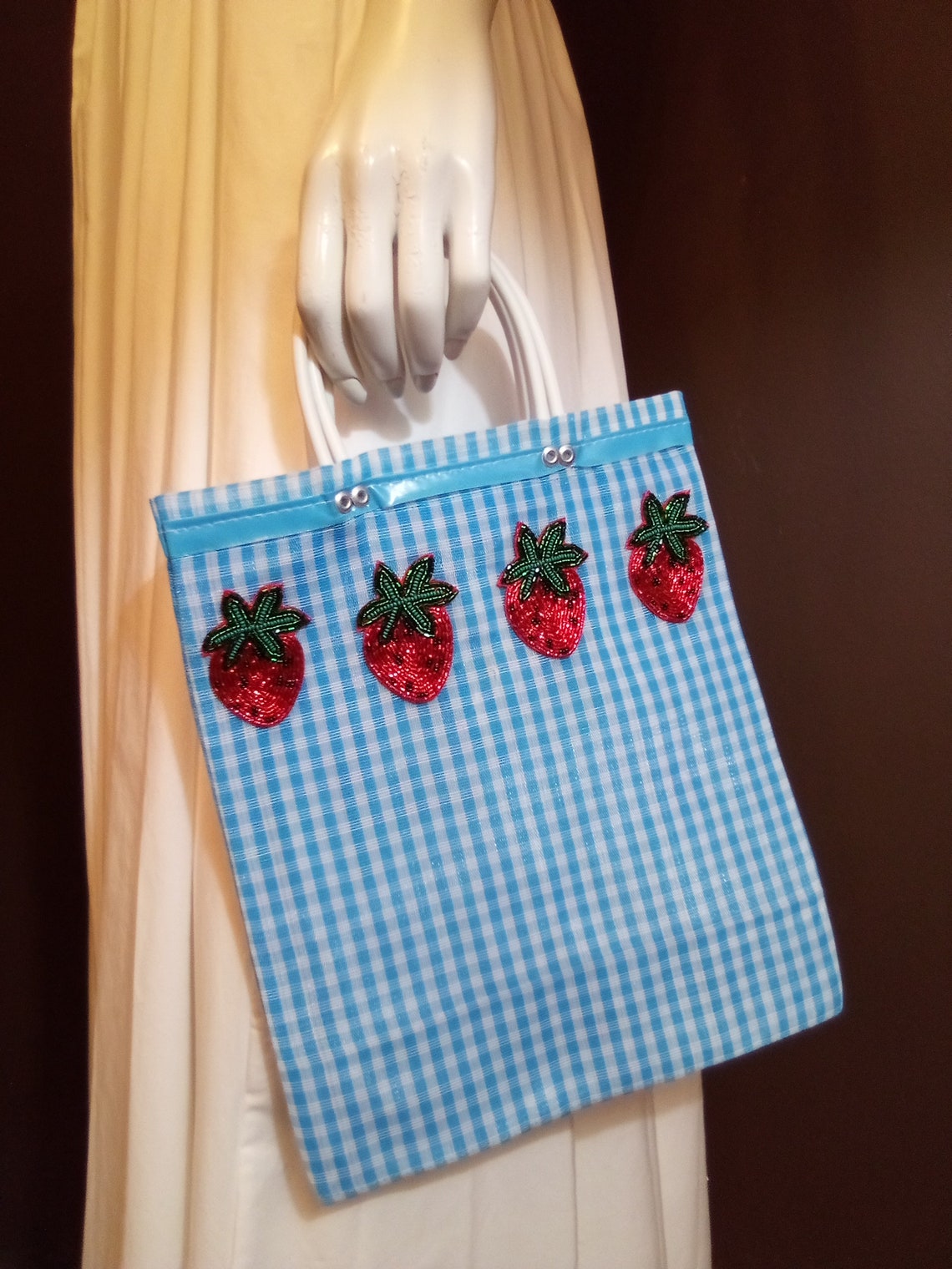Lux Mexican Market Bag Flat Tote Bolsa De Malla Aqua Blue W/ Strawberry ...