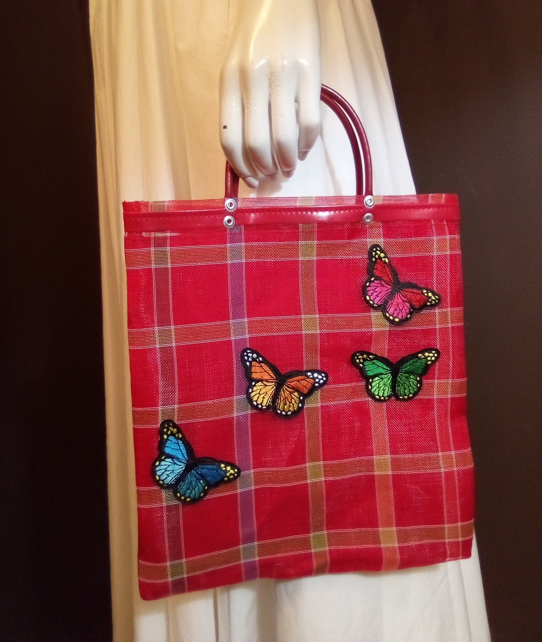LUX Mexican Market Bag Flat Tote Red Plaid With Butterflies Fully Lined ...