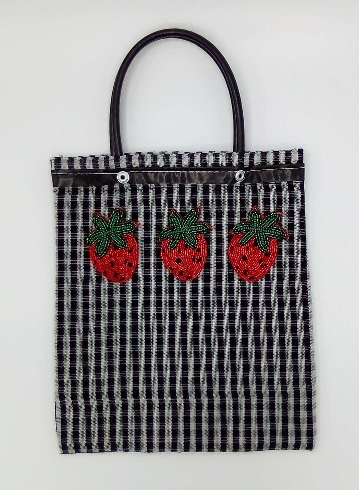 Lux Mexican Market Bag Flat Tote Bolsa De Malla Black W/ Strawberry ...