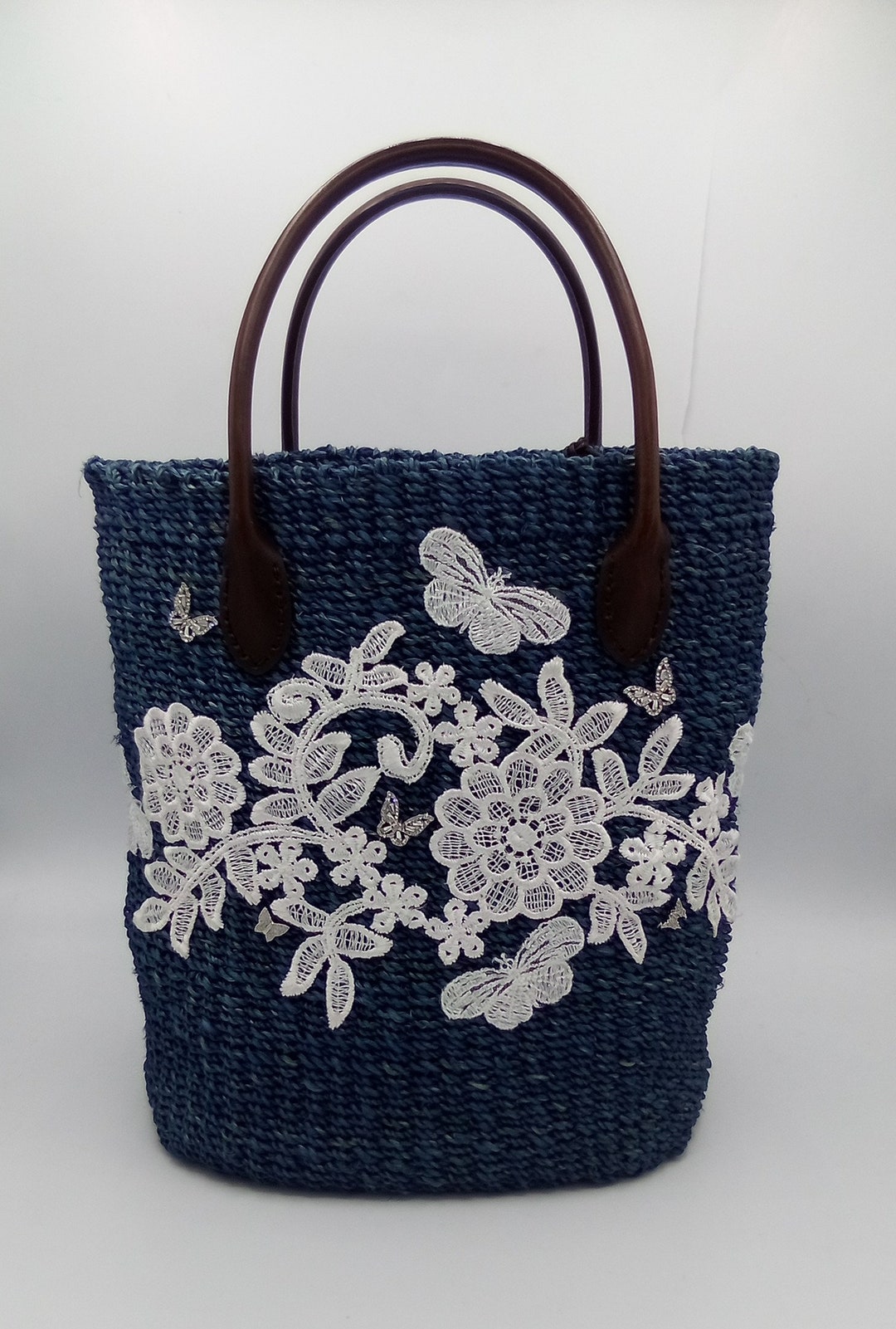 Denim Blue LUXURY Straw Bag Lace Applique Hand Stitched Rhinestone ...