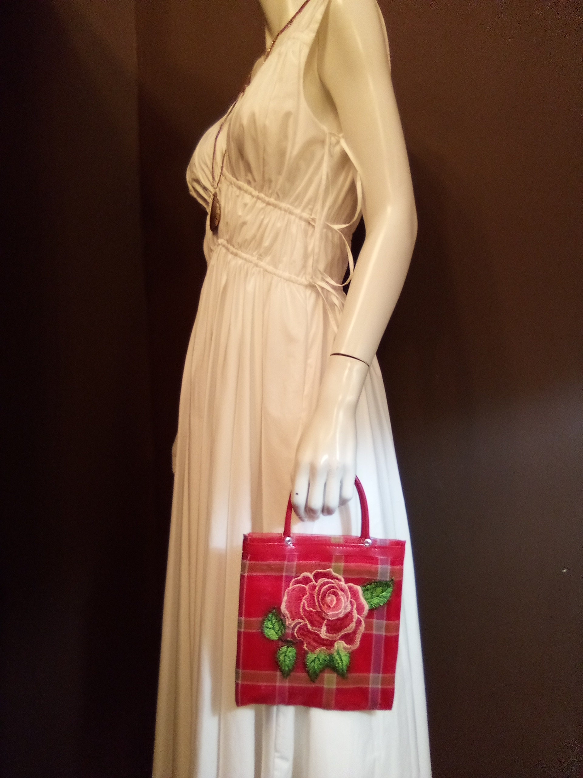 LUX Mexican Market Bag Flat Tote Red Plaid With Rose Embroidery ...