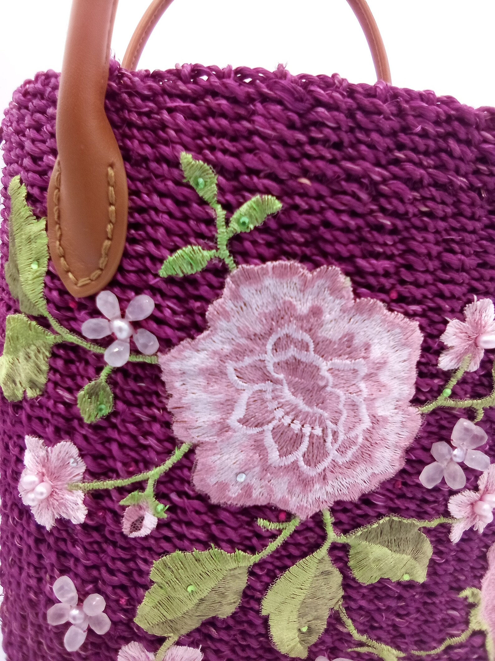 Pink Straw Bag With Pink Floral Applique. Genuine Rose Quartz & Pearl ...