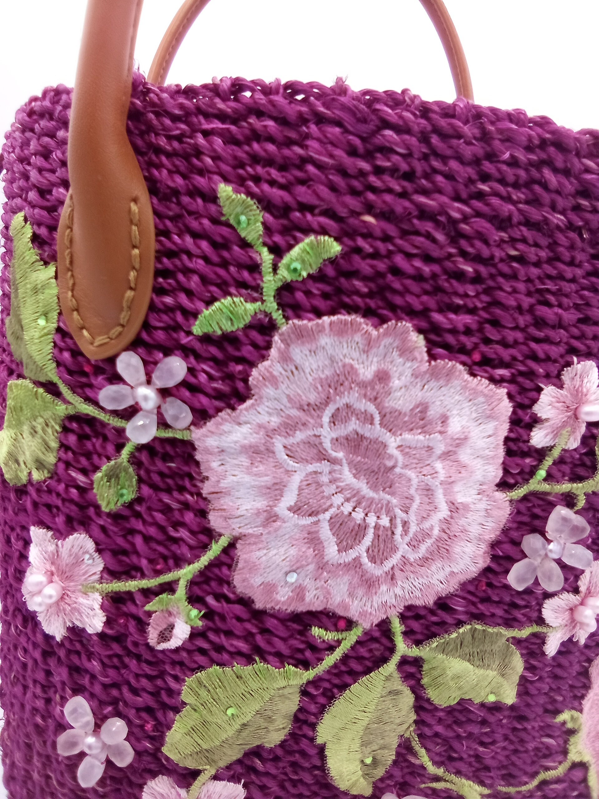 Pink Straw Bag With Pink Floral Applique. Genuine Rose Quartz & Pearl ...