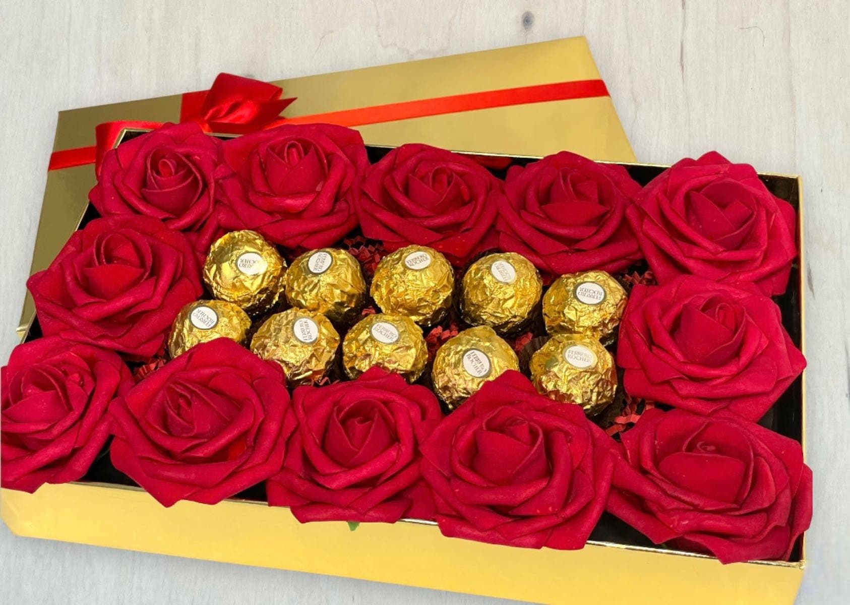 Red Rose and Ferrero Gifbox. Ferrero Rocher Artificial Roses Gift for ...